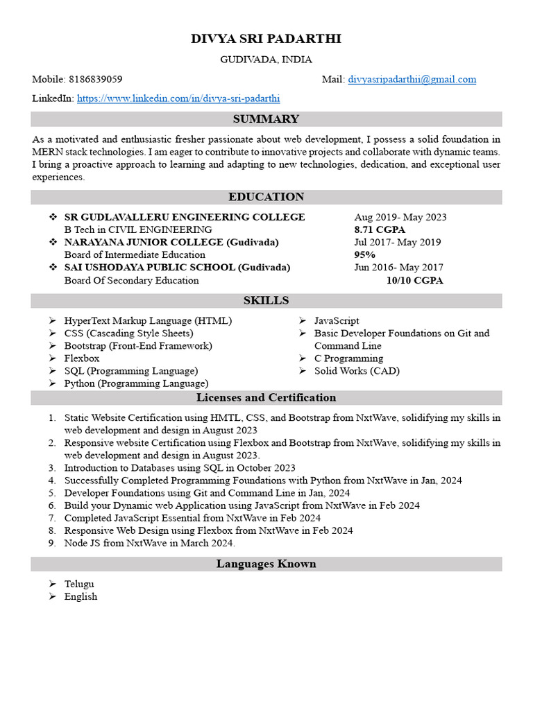 DIVYA SRI PADARTHI Resume-1 | PDF | Bootstrap (Front End Framework) | Web Development