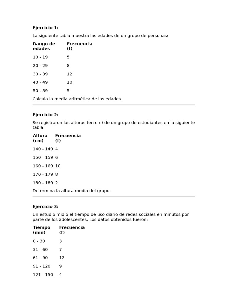 Ejercicios de media aritmética agrupada | PDF