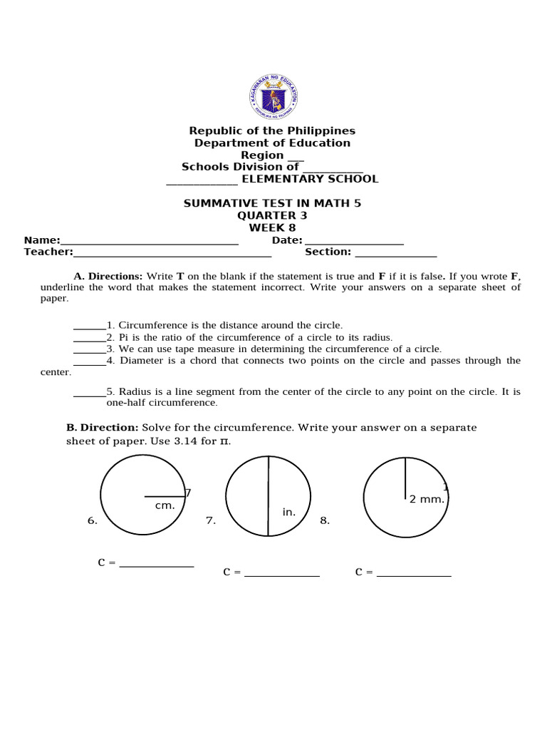 Q3 SUMMATIVE TEST MATH 5 W8 | PDF | Circle | Pi