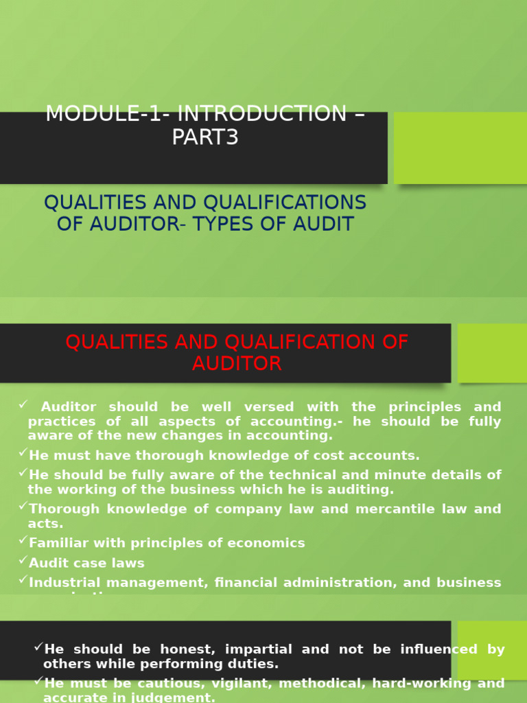 Qualities and Qualifications of Auditor - Types of Audit | PDF | Audit ...