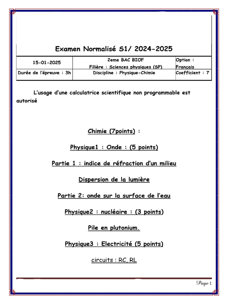 Examen Blanc - 1 SPC S1 2024 - 2025 2bac FR | PDF