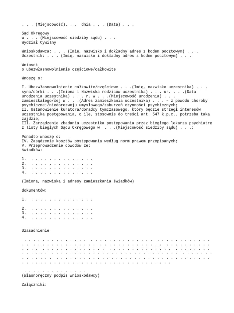 Wniosek o Ubezwlasnowolnienie | PDF