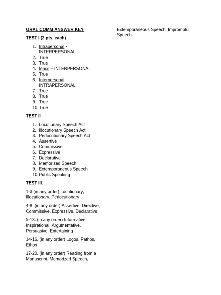 Oral Comm Answer Key | PDF