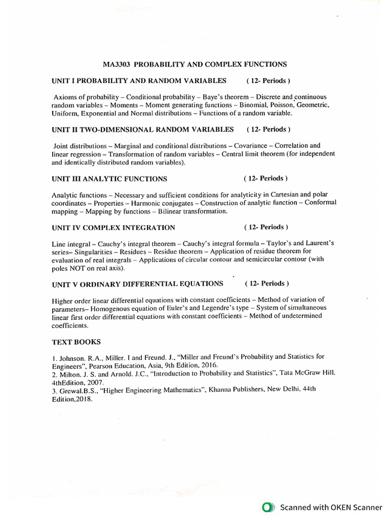 MA3303 Probability and Complex Function-Mr - Immanuel | PDF