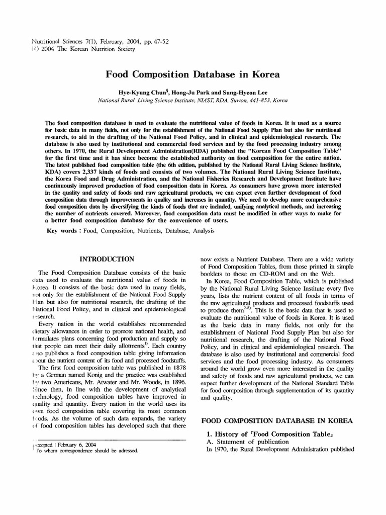 Food Composition Database in Korea | PDF