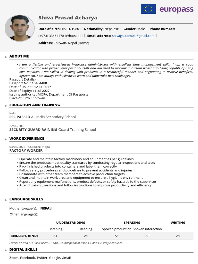 SHIVA PRASAD ACHARYA EUROPASS CV | PDF