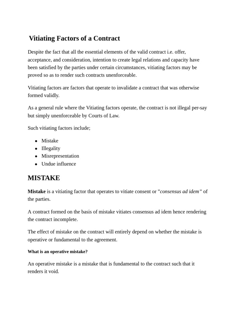 Vitiating Factors of A Contract | PDF | Legal Ethics | Business Law