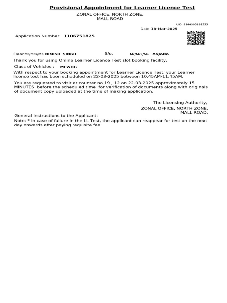 Learner Licence Test Appointment Notice | PDF