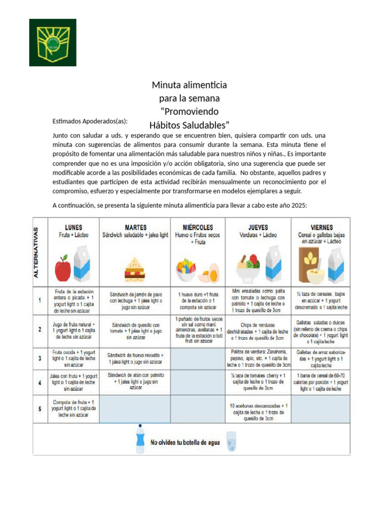 Minuta Semanal de Alimentos Saludables | PDF
