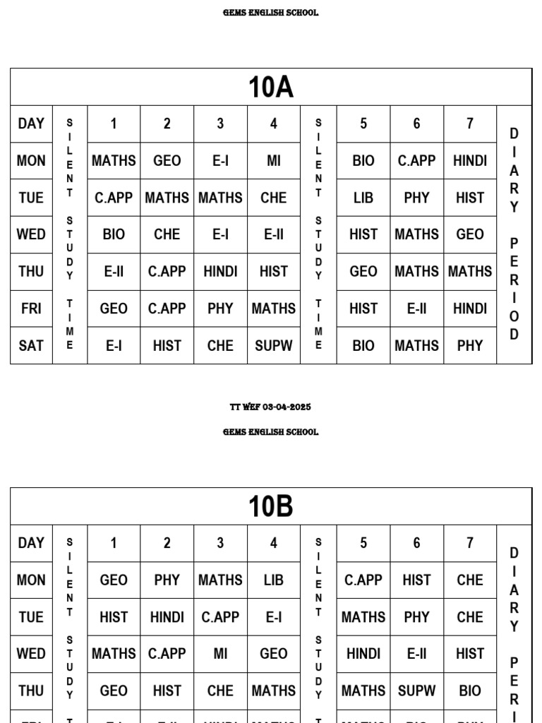 GEMS School Class Routine 2025 | PDF