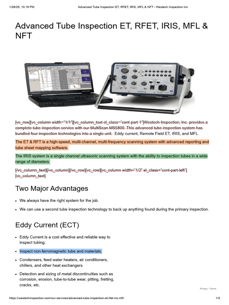 Advanced Tube Inspection ET, RFET, IRIS, MFL & NFT - Westech Inspection ...