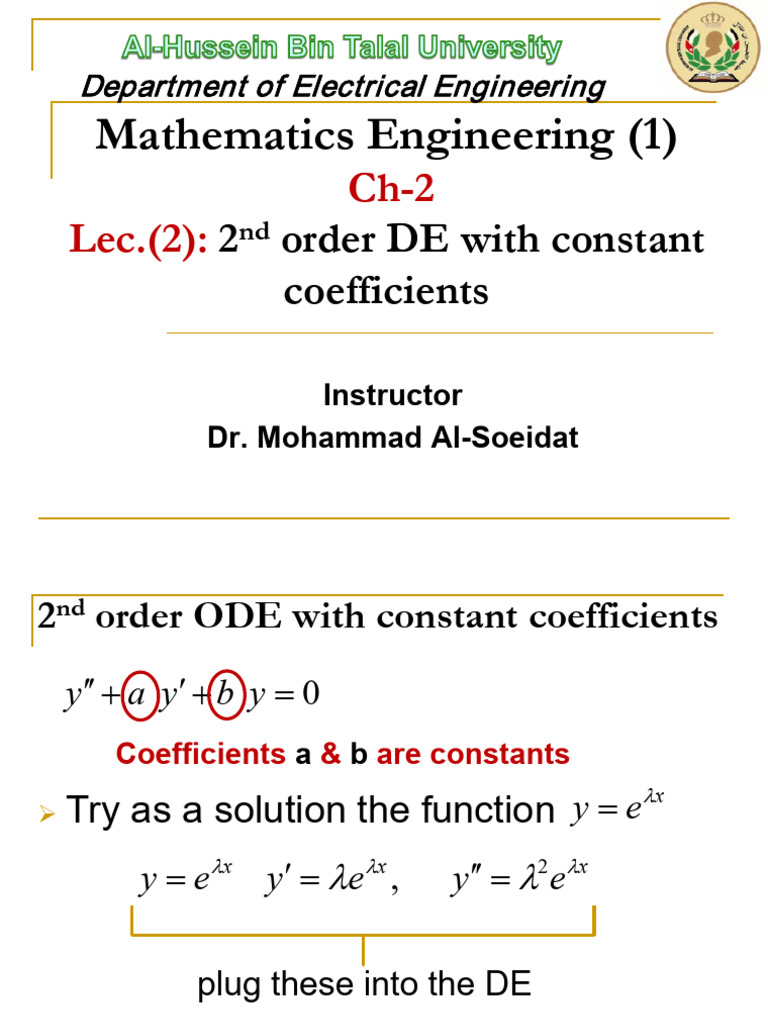 ch2_lec2-2nd order DE with constant coefficients_MA | PDF | Ordinary Differential Equation ...