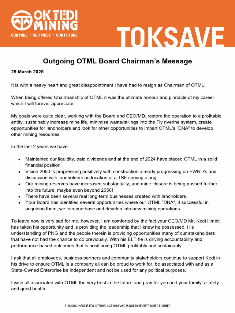 Toksave - Outgoing OTML Board Chairman's Message - 250330 - 140747 | PDF