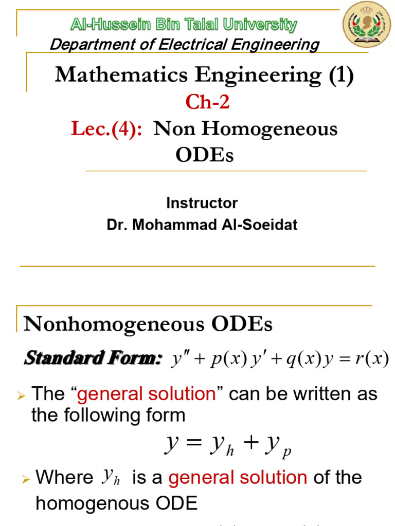 ch2 - Lec4-Non Homogeneous ODEs - MA | PDF | Ordinary Differential Equation | Subtraction