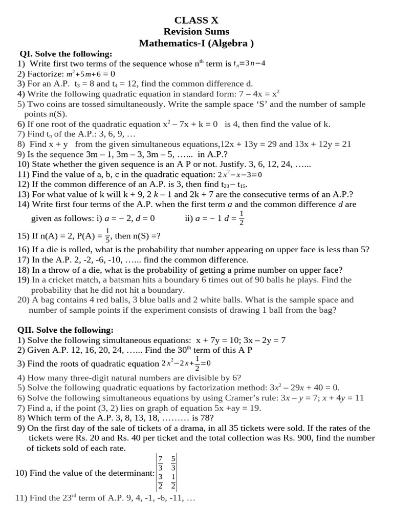 Class X Algebra Revision Sums | PDF | Mathematics | Algebra
