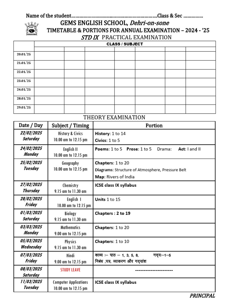 Class 9 Timetable & Portions Annual Exam 2025 | PDF | Physical Sciences | Natural Sciences