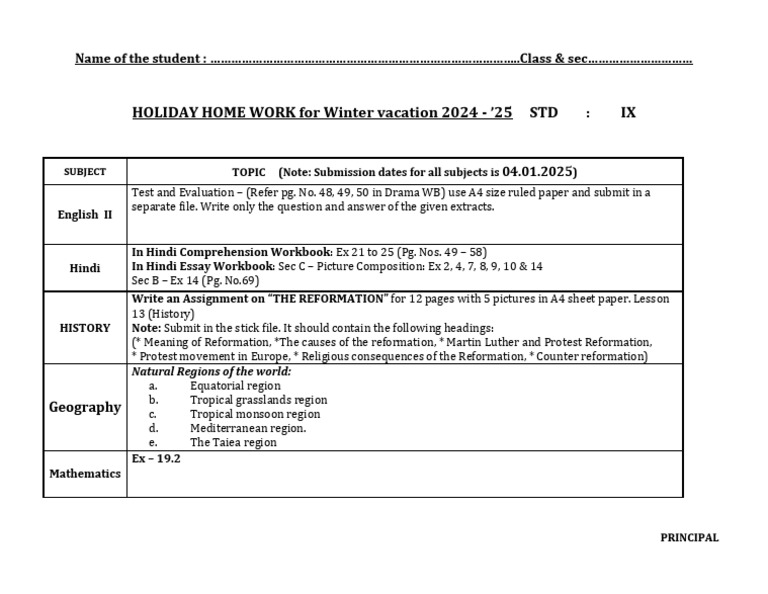 Class 9 Holiday Homework Winter Vacation 2024 | PDF