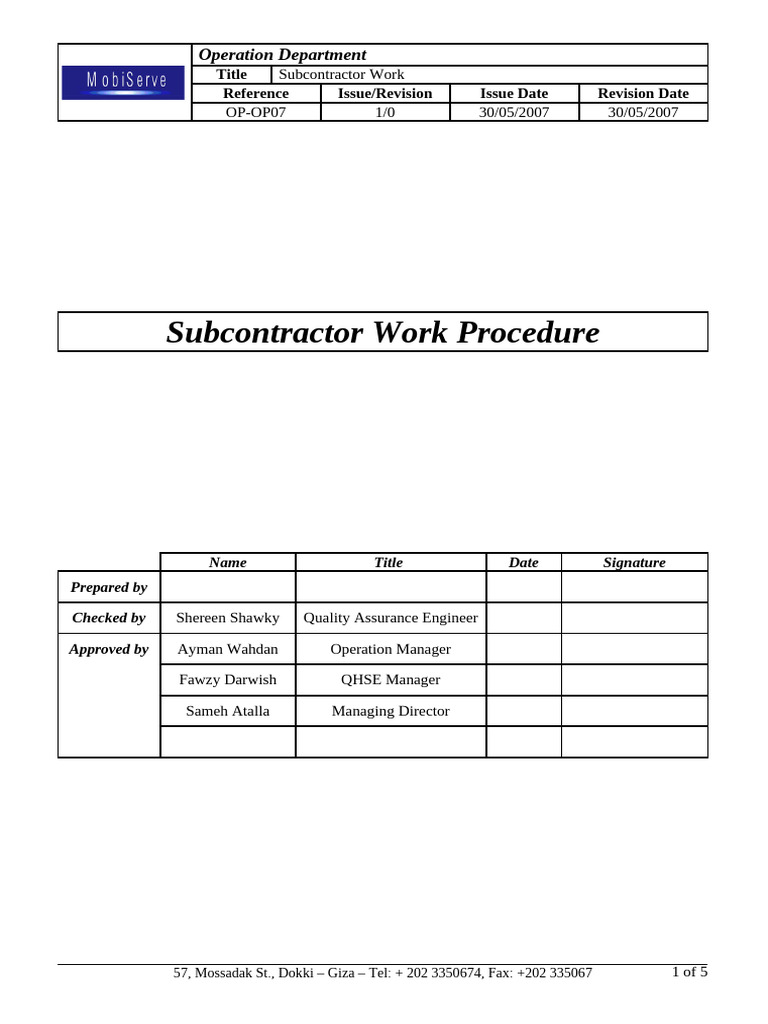 Subcontractor Work Procedure (OP-OP07) | PDF