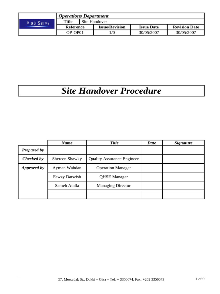 Site Handover Procedure (OP-OP01) | PDF