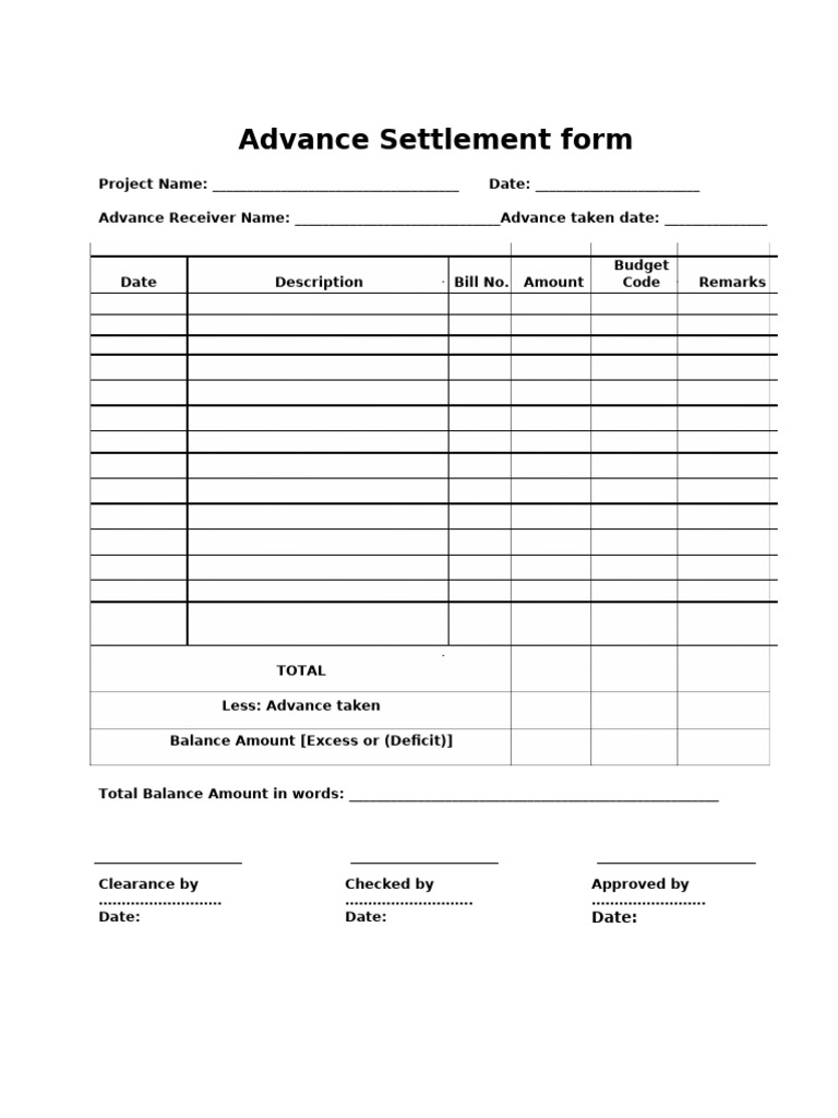 Advance Settlement Form Template | PDF