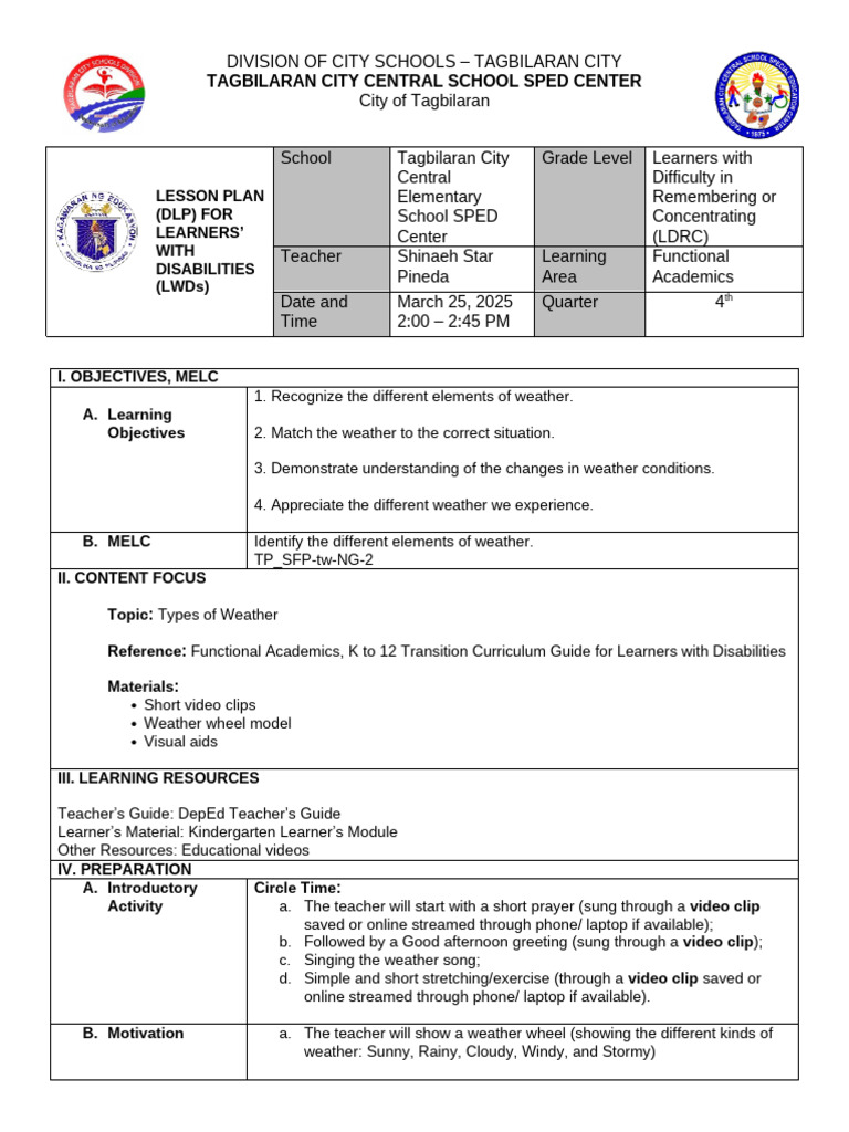 Lesson Plan for Weather Learning in SPED | PDF | Learning | Teachers