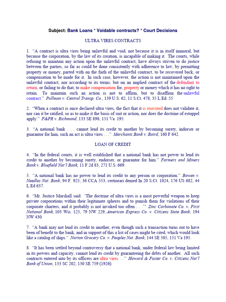 Court Cases For Ultra Vires On Contracts | PDF | Misrepresentation | Banks