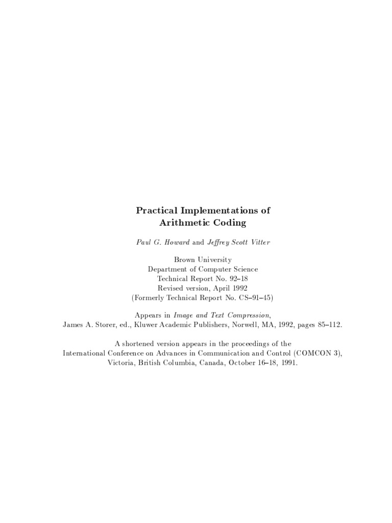 Practical Implementations of Arithmetic Coding | PDF