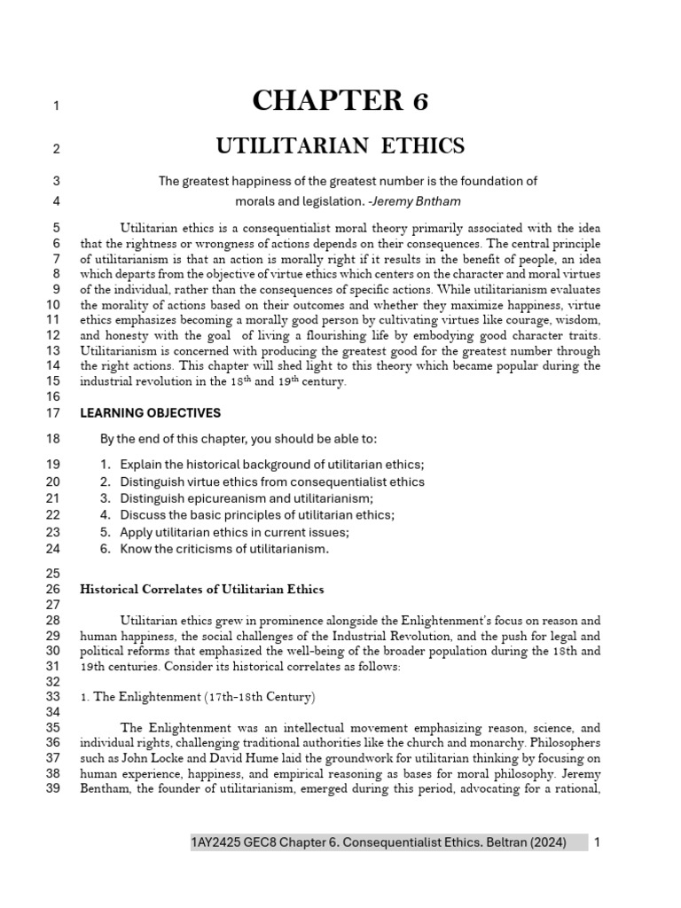 1AY2425 GEC8 Ch. 5.utilitarian Ethics. Beltran 2024 | PDF | Utilitarianism | Pleasure