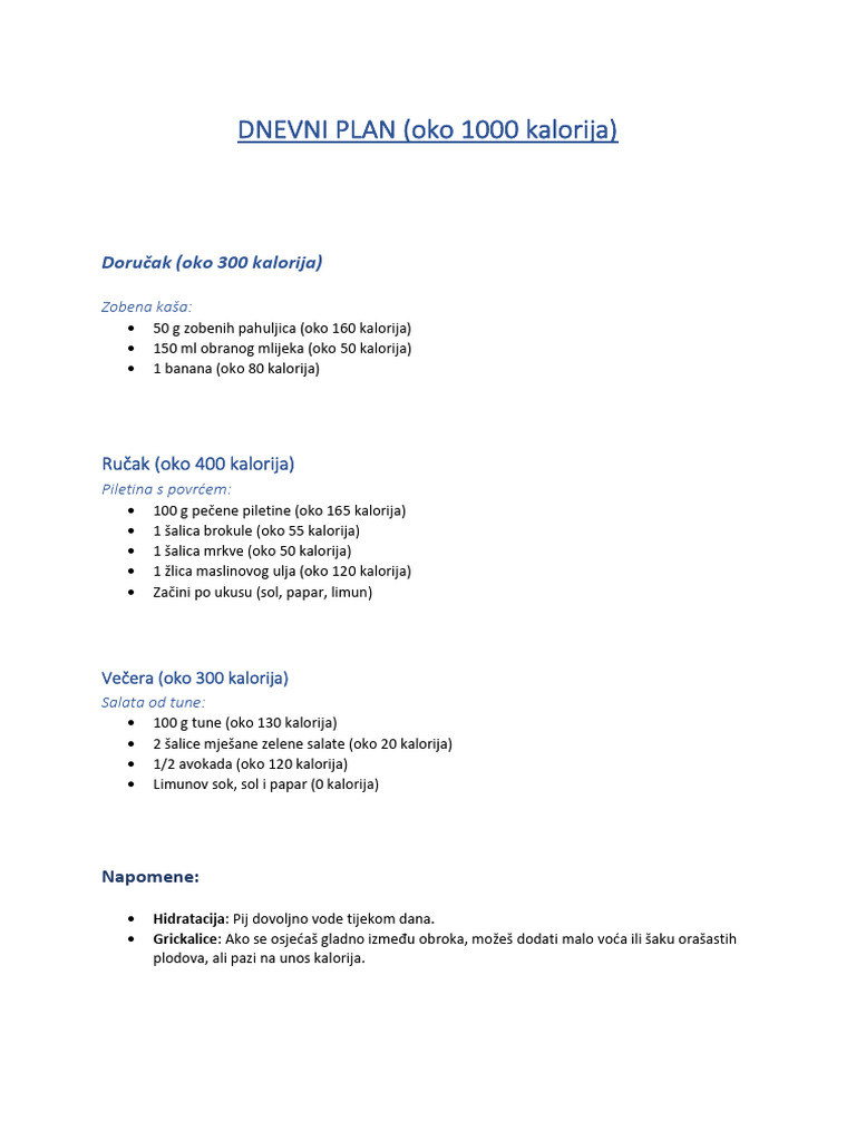 1 DAN - 1000 Kalorija | PDF