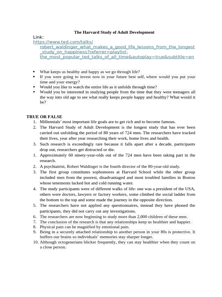The Harvard Study of Adult Development | PDF | Psychology
