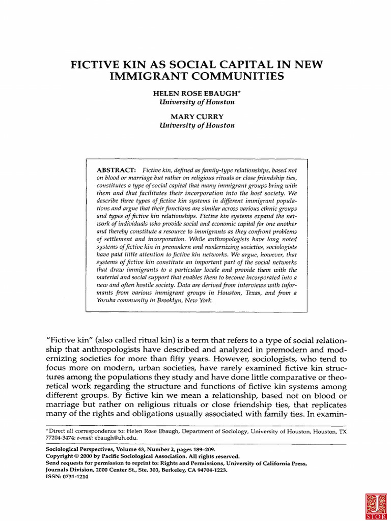 Fictive Kin As A Social Capital in New Immigrant Communities | PDF ...