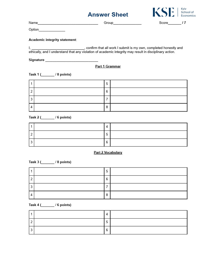 Short Test Answer Sheet | PDF
