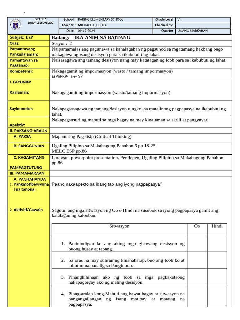 EsP6_Lesson Plan_Q1_W2 | PDF