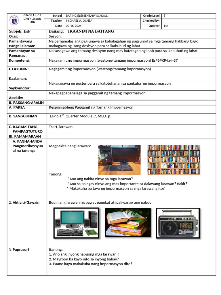 EsP6 - Lesson Plan - Q1 - W7 | PDF