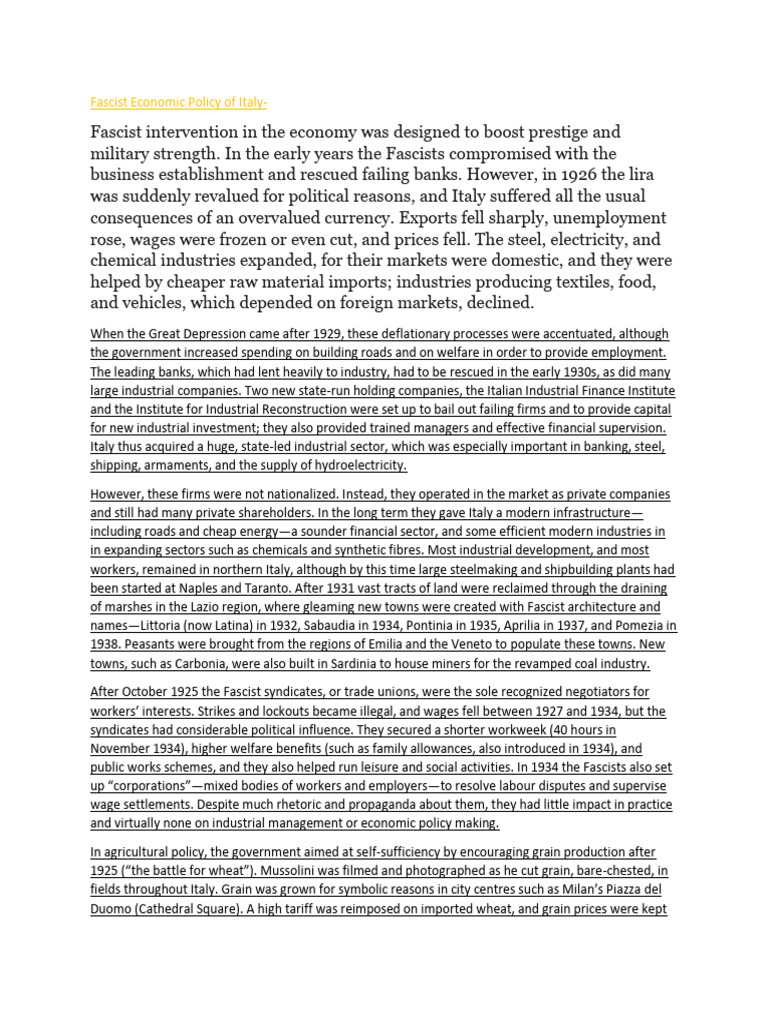 Fascist Economic Policies in Italy | PDF | Fascism | Great Depression