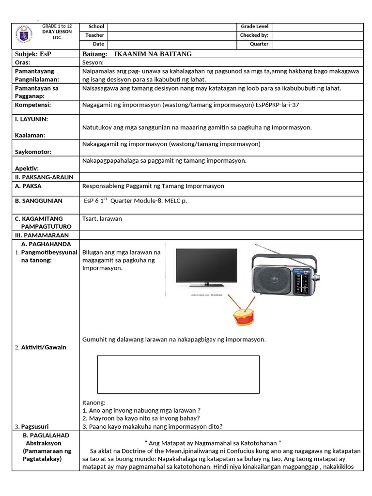 EsP6 - Lesson Plan - Q1 - W8 | PDF