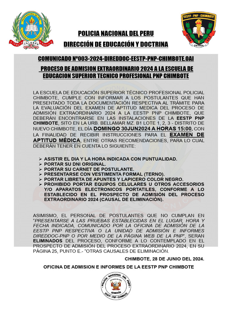 COMUNICADO N° 003-2024-DIREDDOC-PNP.EESTP PNP CHIMBOTE OA | PDF