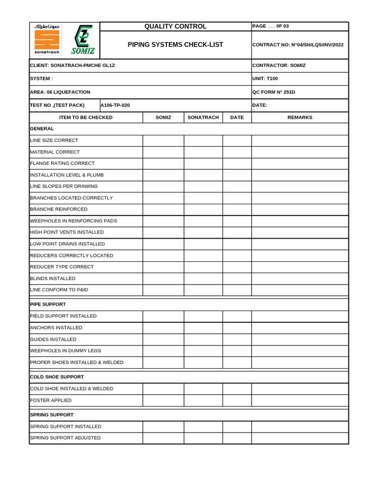 03-Piping Systems Checklist | PDF | Valve | Chemical Engineering