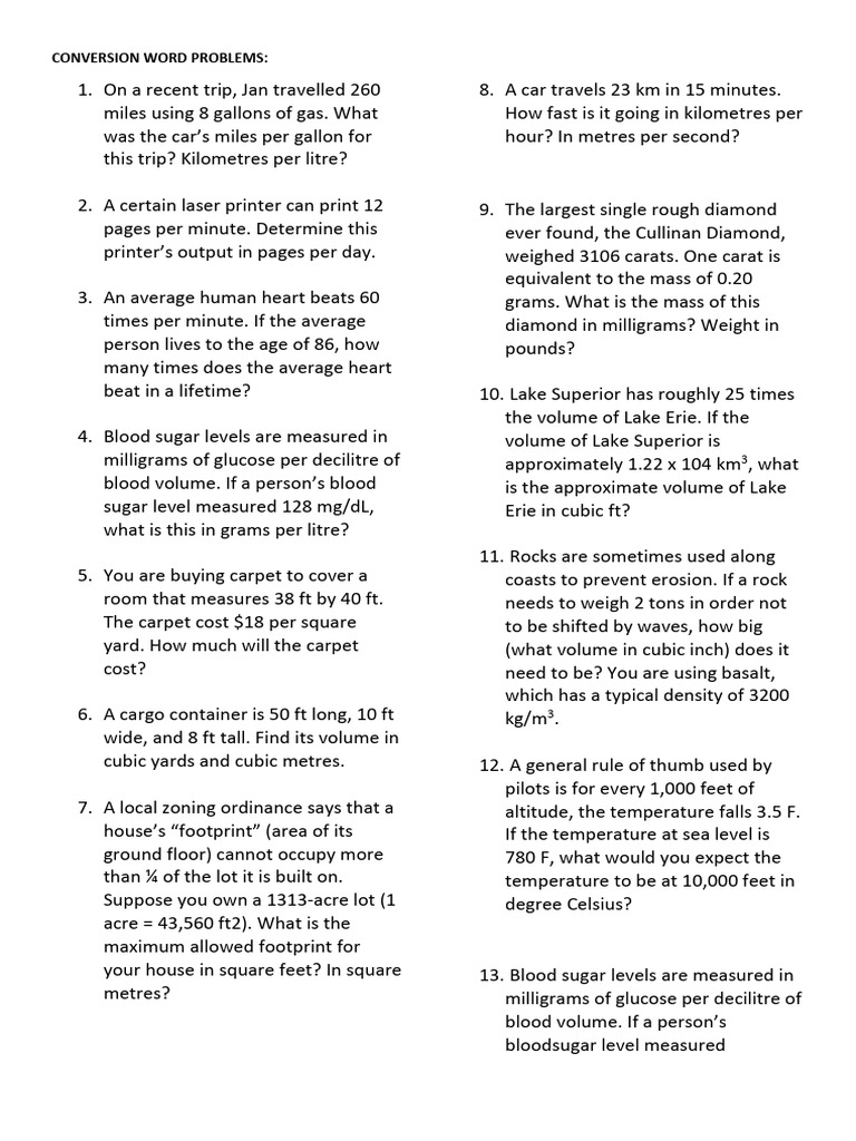 Conversion Word Problems | PDF | Volume | Litre