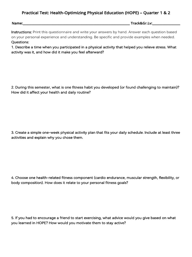Practical Test for HOPE Physical Education | PDF