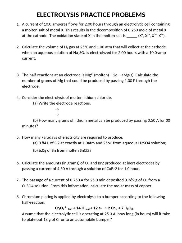 Electrolysis Practice Problems and Solutions | PDF | Metals | Applied ...