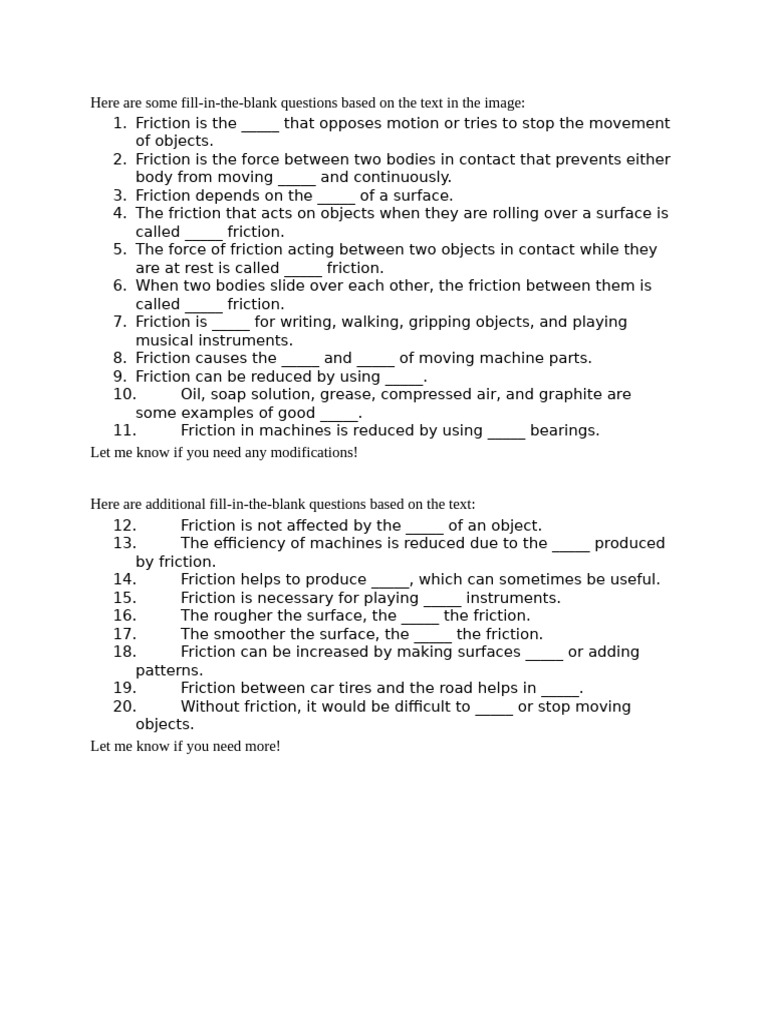 Friction Fill in The Blanks | PDF