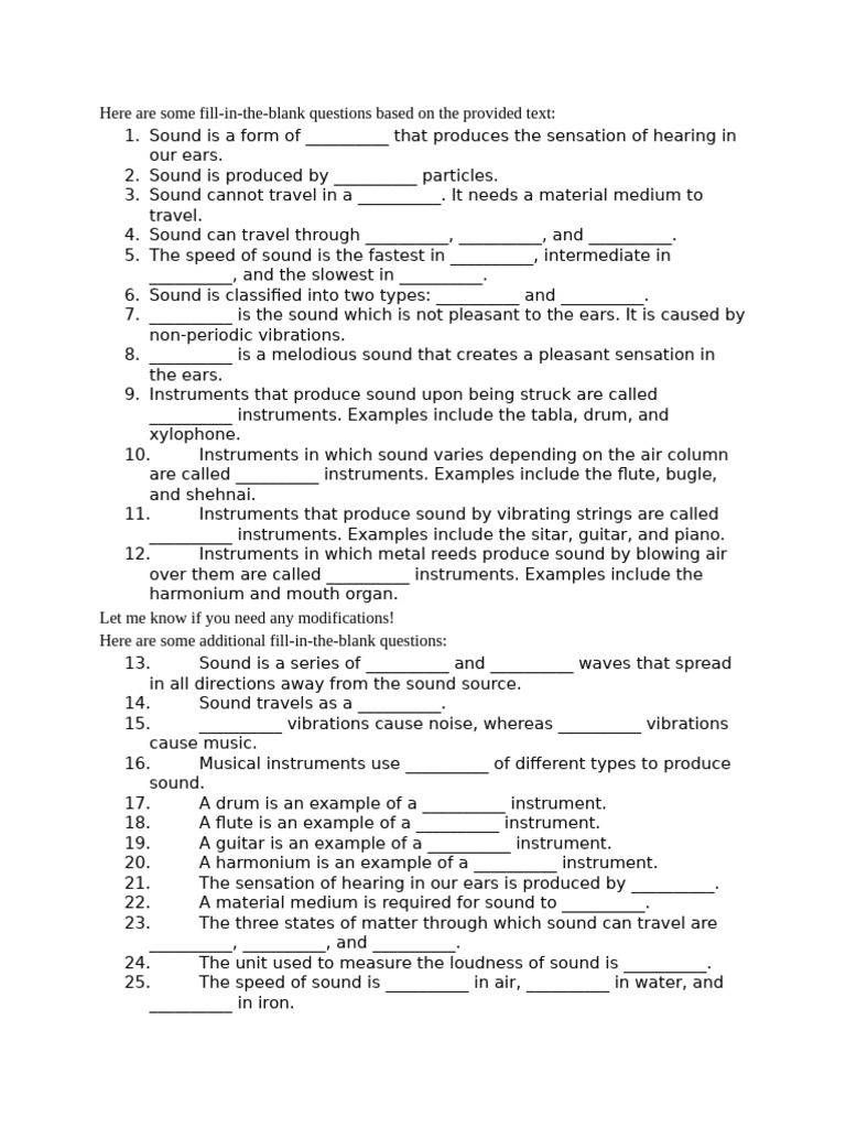 Sound Fill-in-the-Blank Questions | PDF | Sound | Musical Instruments