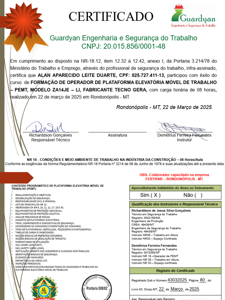 Certificados Operador de Pemt -Alan Aparecido Leite Duarte | PDF ...