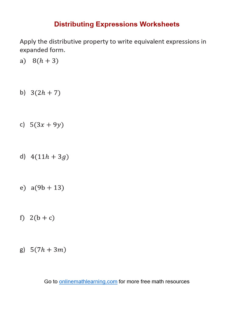 Distributive Property Expression Worksheet | PDF