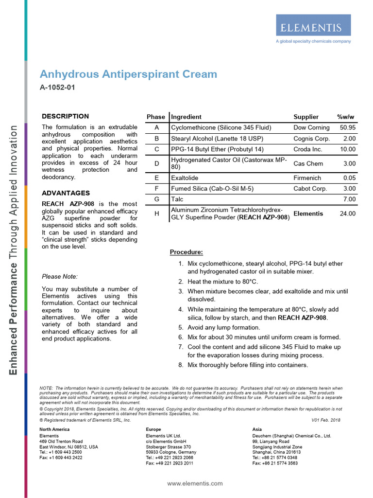 A-1052-01 Anhydrous Antiperspirant Cream | PDF | Materials | Chemical ...