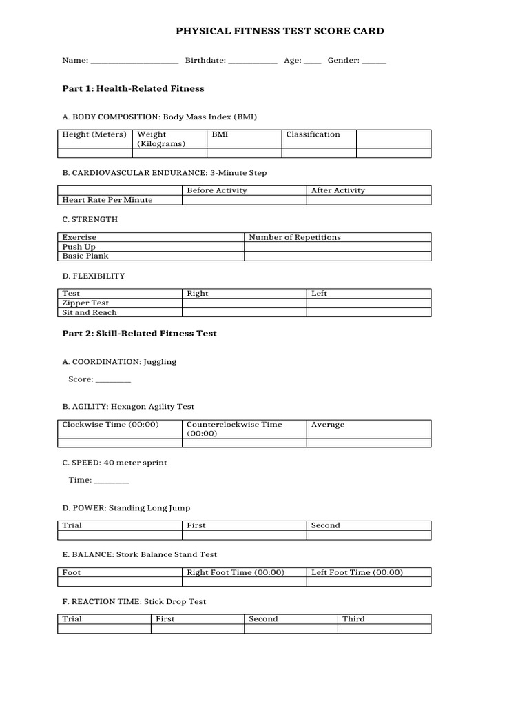Physical Fitness Test Score Card | PDF