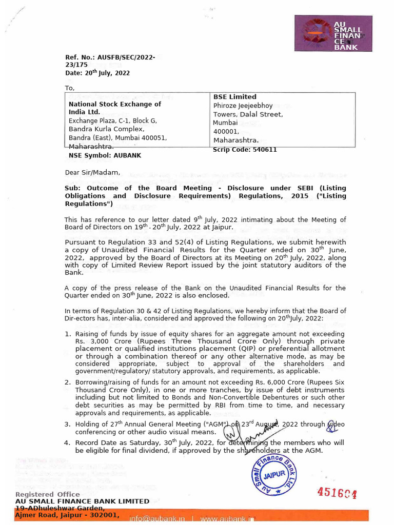 AUBANK_20072022164021_AUSFB_Outcome | PDF | Banks | Audit