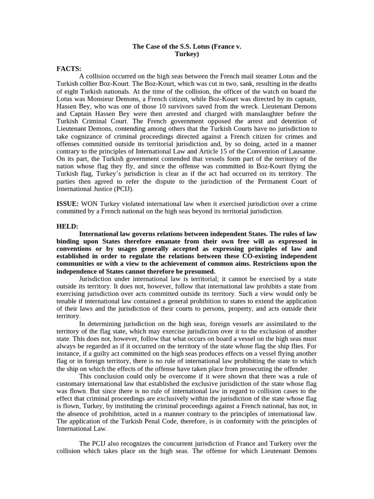 The Lotus Case (PIL-CASE1) | PDF | Jurisdiction | International Law