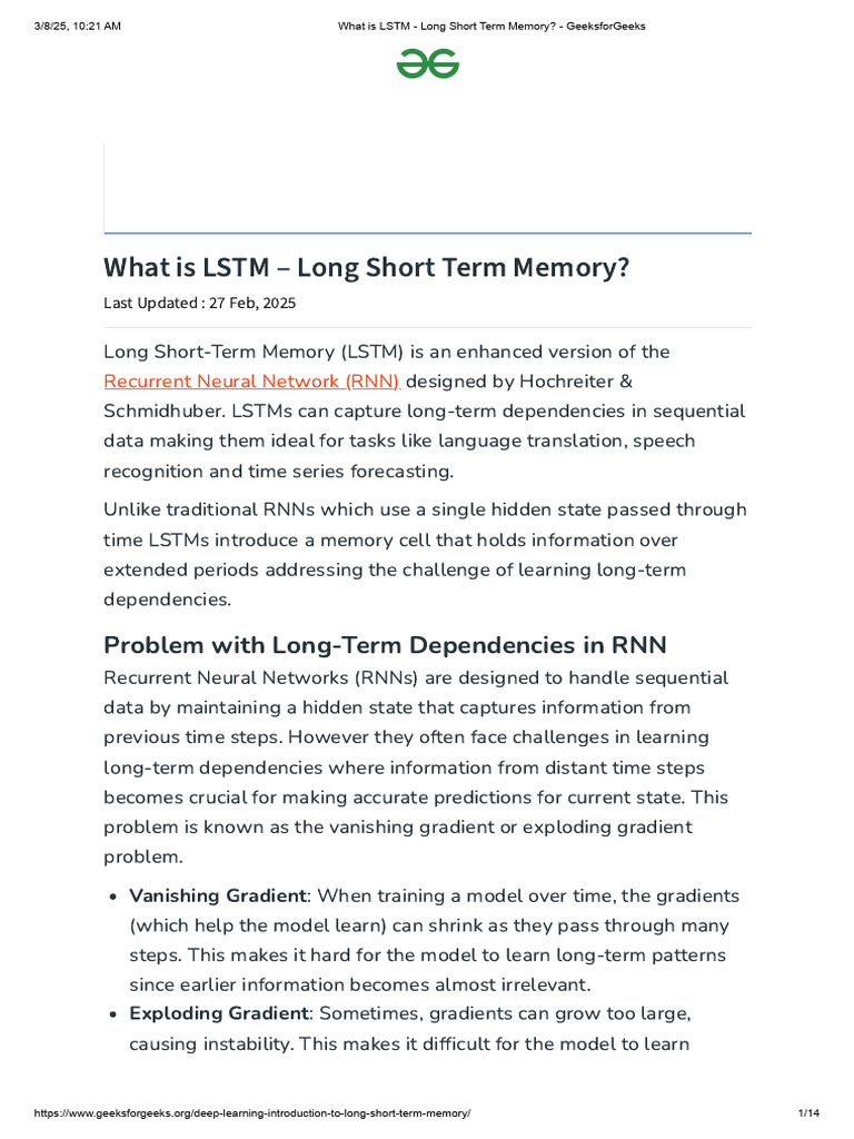 What is LSTM - Long Short Term Memory_ - GeeksforGeeks | PDF | Artificial Intelligence ...